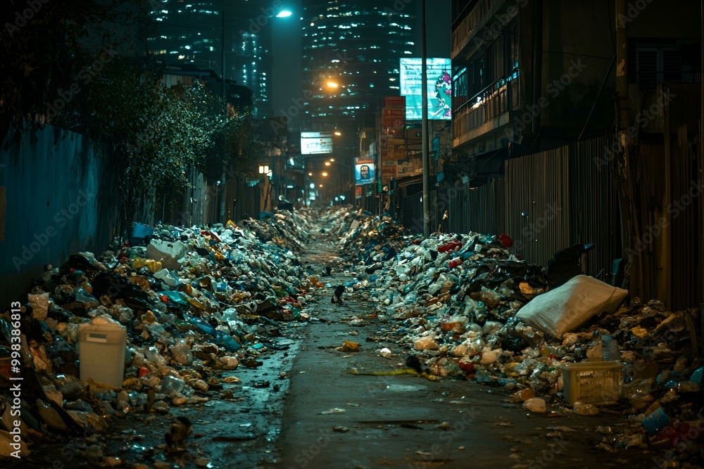 Narrow street in the city at night It was full of piles of uncollected ...
