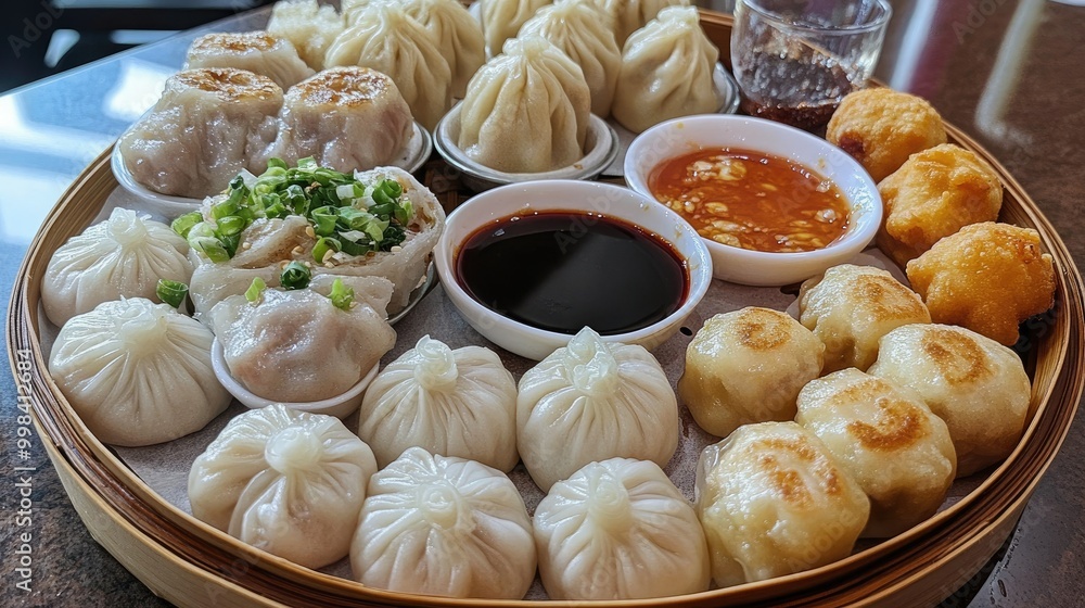 A platter of assorted dim sum, including steamed buns, dumplings, and ...