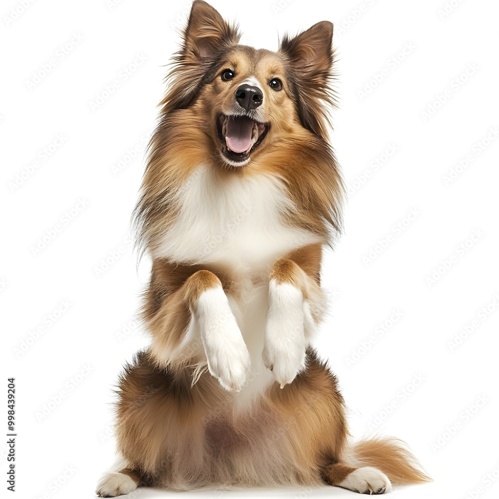 sheltie dog stying on back legs and has opened mouth, eye contact ...
