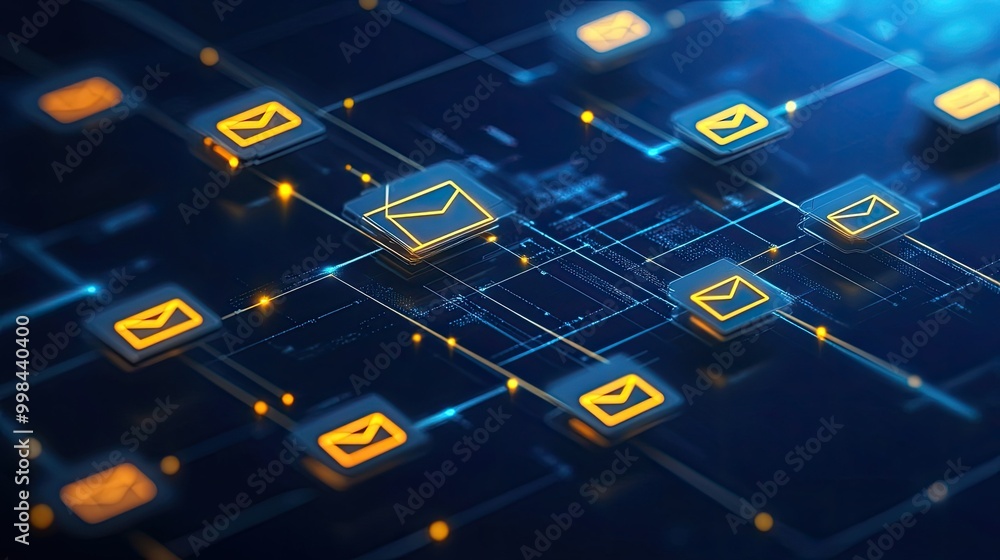 Automated email flows with spam filter icons, illustrating a ...