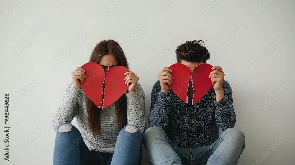 Couple hiding behind broken heart shapes image. Woman man sits side by ...