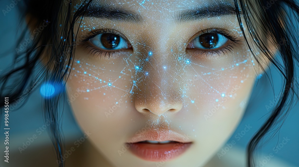 An Asian model features facial recognition technology, with network ...