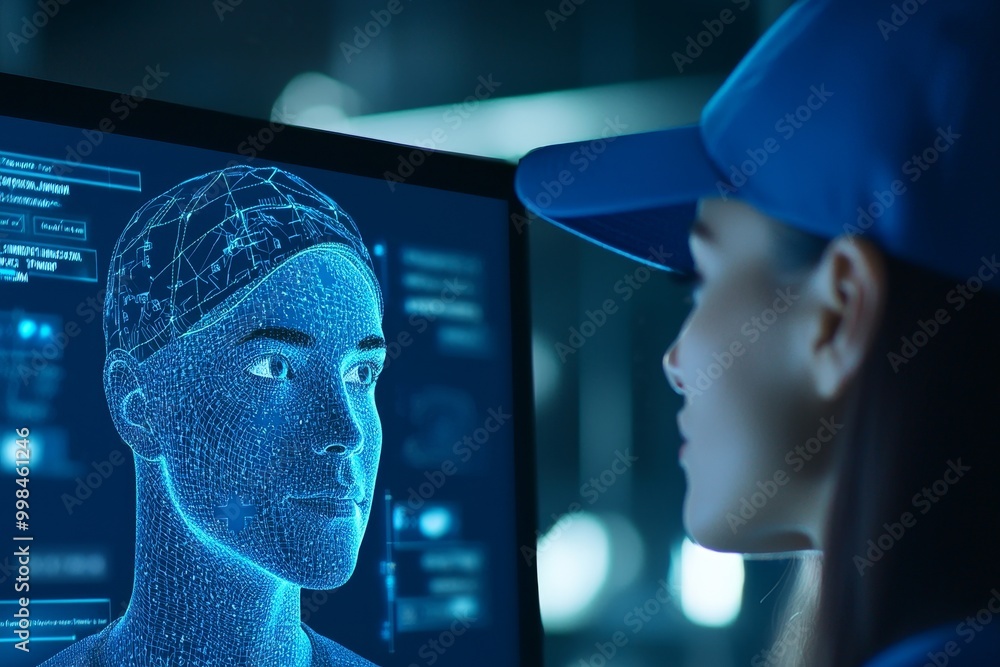 Deep fake. AI stock video editing technology. Face of a person in an ...