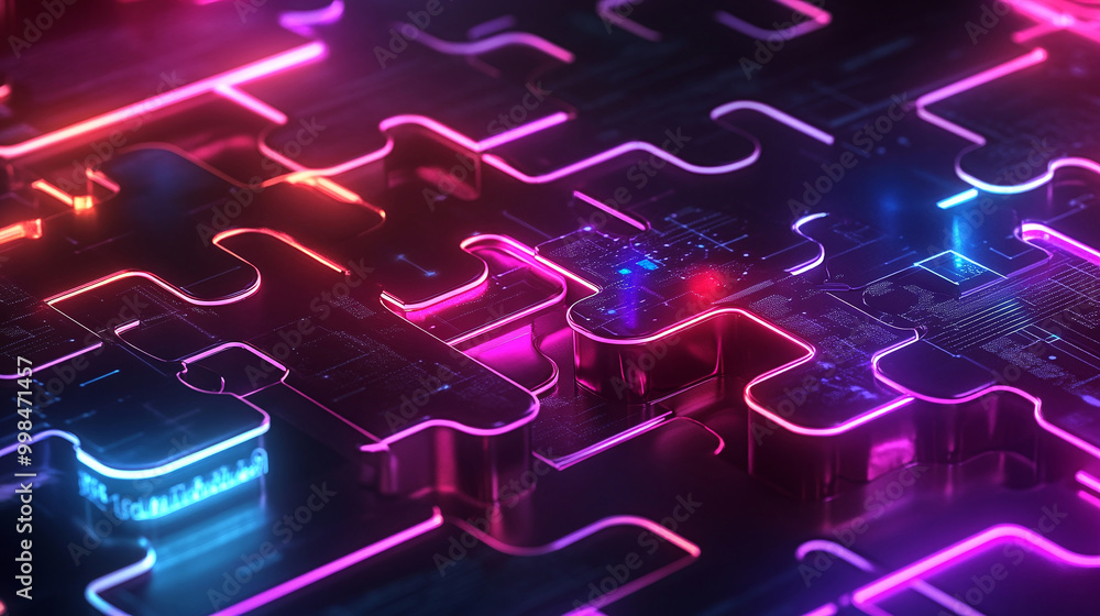 API integration concept with neon puzzle pieces interlocking on a ...