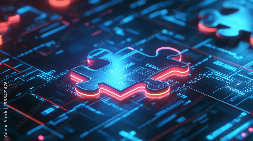 API integration concept with neon puzzle pieces interlocking on a ...