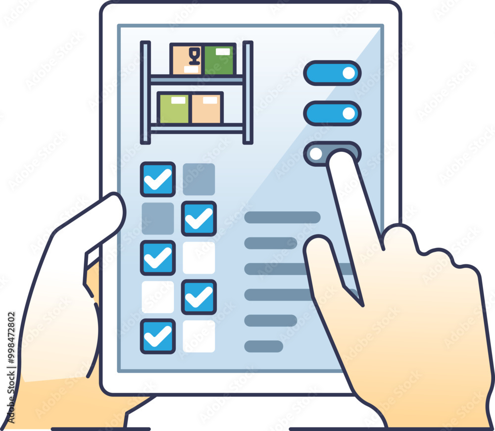 Tablet displaying warehouse management system interface with checklists ...