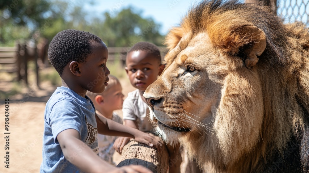 Zoo keeper guiding children on a safari tour, showing them lions ...
