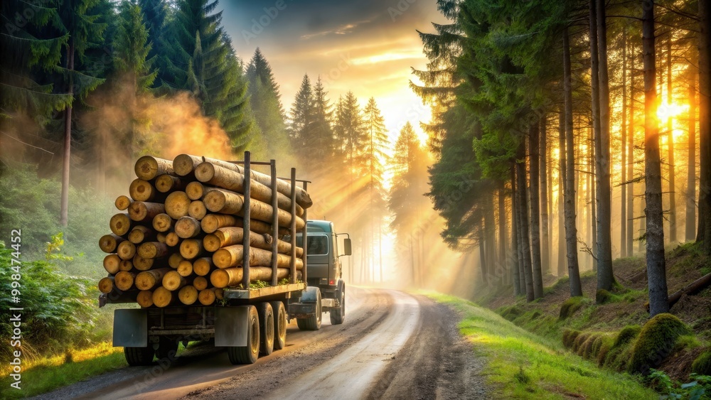 Loaded logging truck on misty forest road at dawn , logging truck ...