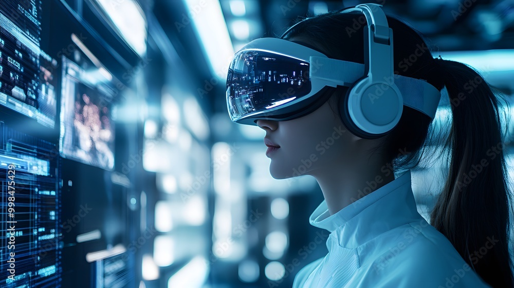 Person wearing a VR headset in a bright futuristic environment with ...