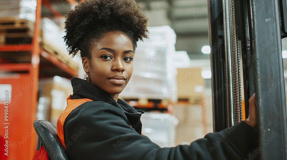 Young black female forklift driver working in industrial production ...