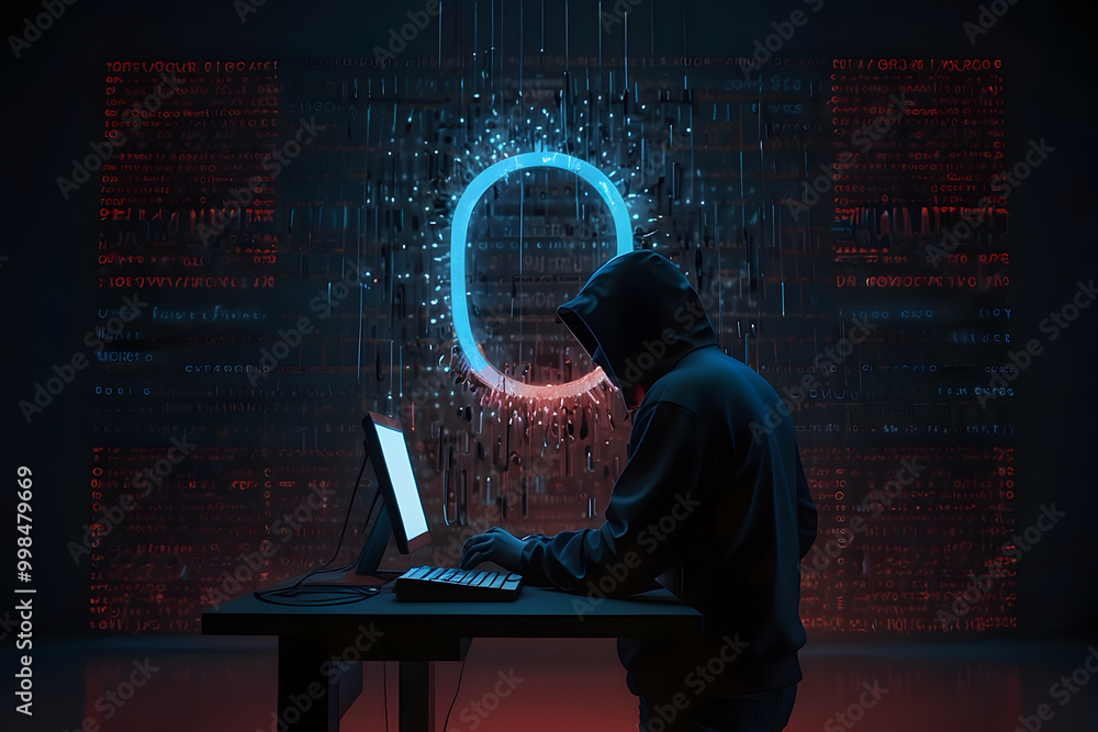 Hacker vs. Defense: A black, shadowy figure of a hacker types away at a ...