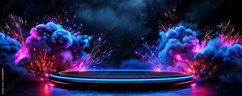 Contemporary music stage with glowing LED panels and abstract designs ...