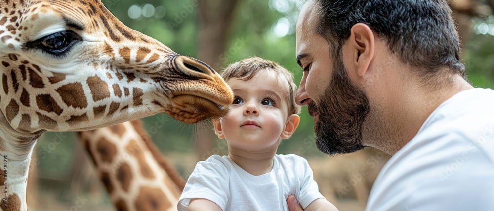 Father helping his son feed the giraffes, bonding moment, stock photo ...