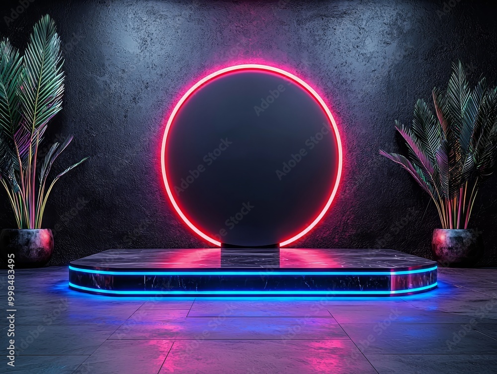 Modern stage for a tech product launch with sleek holographic ...