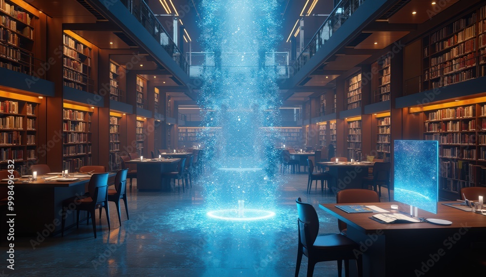 Navigate through a futuristic library where every book is a floating ...