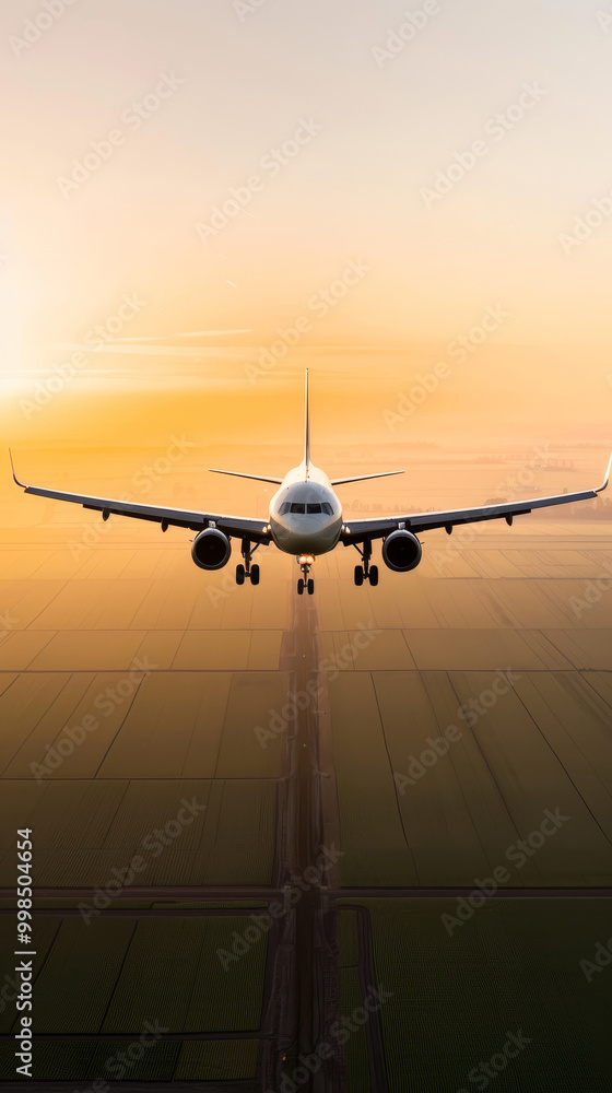 Sustainable aviation. Biofuel-powered airplane over lush agricultural ...