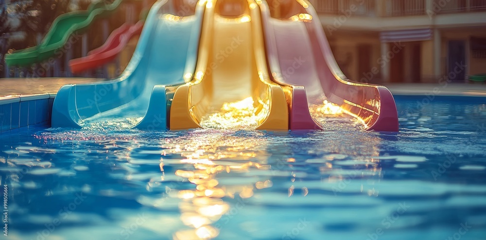 An orange water slide banner and a beautiful blue water background with ...