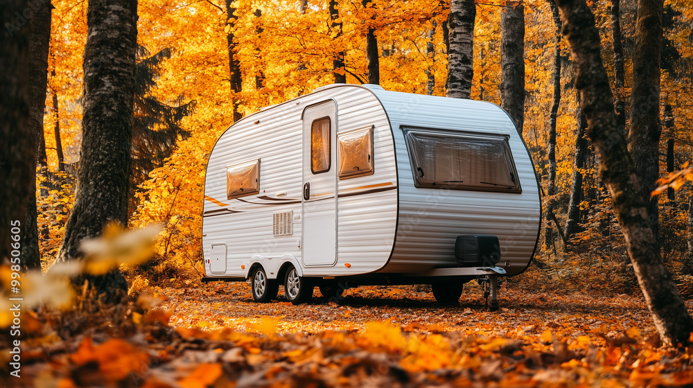 Travel Trailer Parked in Forest Wilderness During Autumn with Vibrant ...