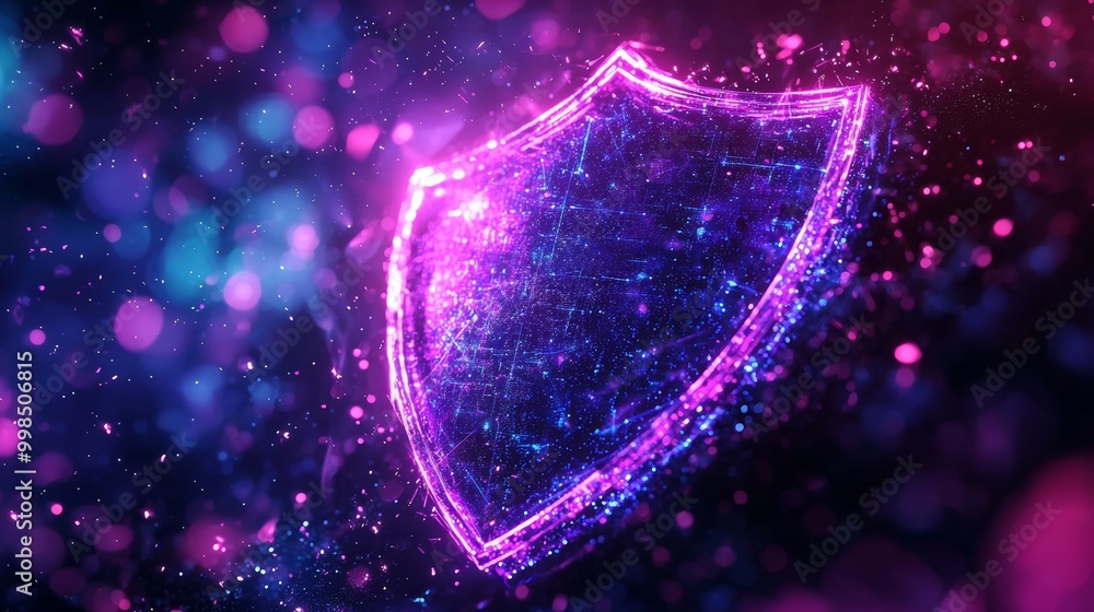 A holographic shield made up of interconnected blockchain nodes that ...