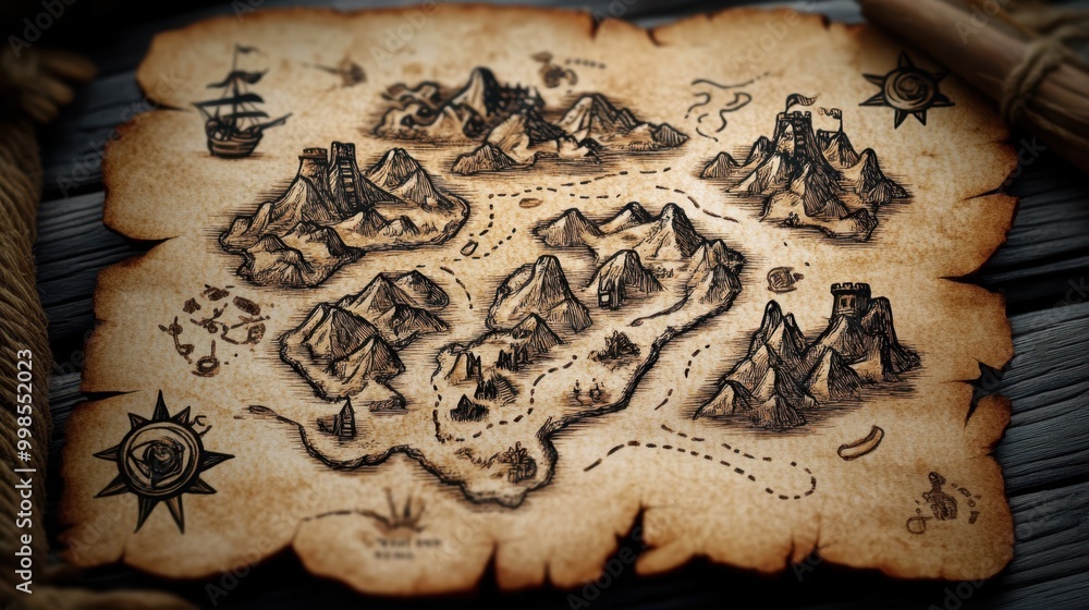 Ancient treasure map with detailed hand-drawn landmarks and routes ...