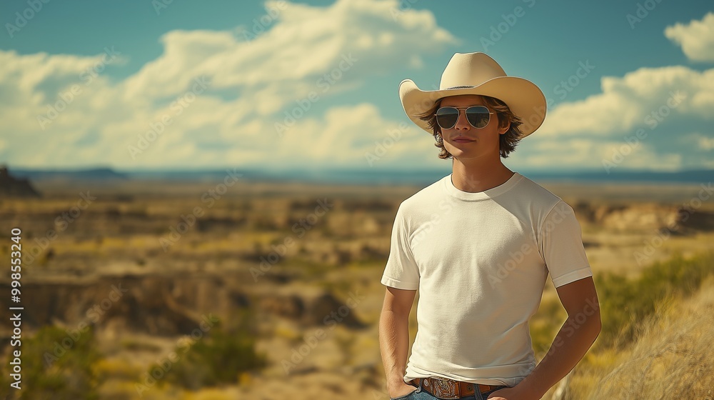 Cocky texas chic, wearing a blank sand color 'cabfad' t-shirt, mockup ...