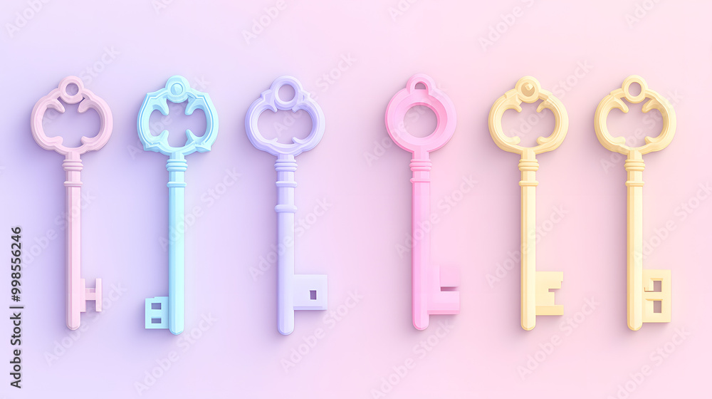 Simple pastel key set of icons with smooth lines and pastel colors ...