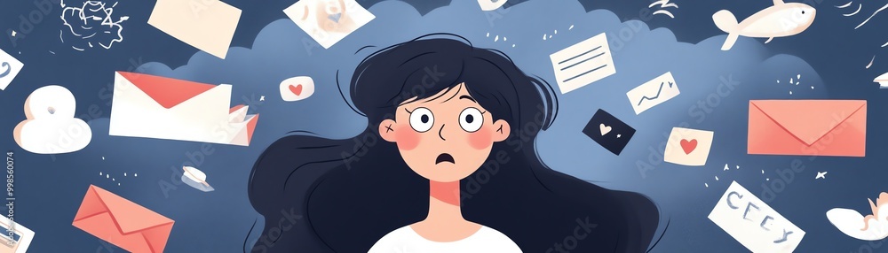 Cartoon woman overwhelmed by emails and notifications, stressed ...