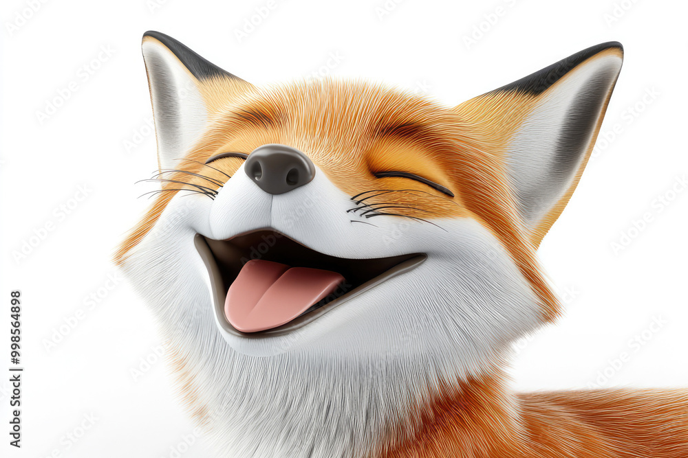A happy red fox is illustrated with its eyes closed and mouth wide open ...