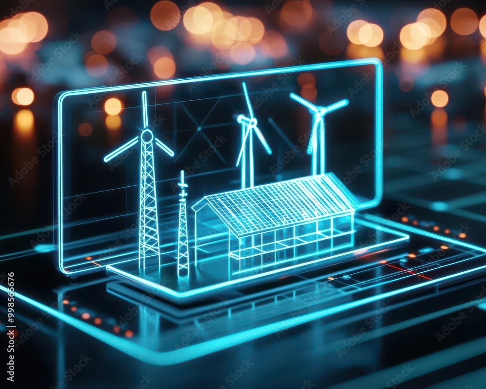 Smart energy grid visualized in a virtual reality interface, showcasing renewable energy and ...