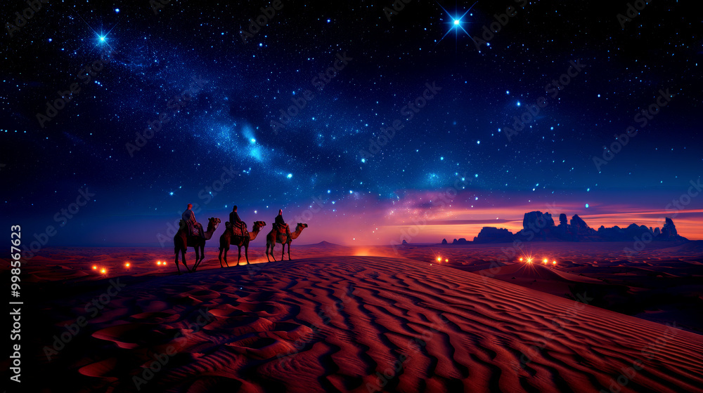 Nighttime Desert Caravan Under Starry Sky .Night scene of a camel ...