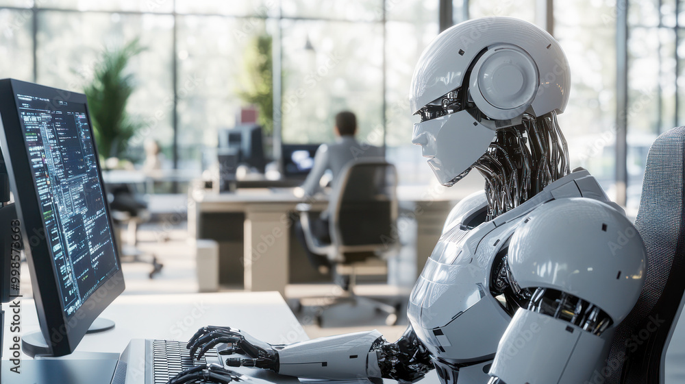 Artificial intelligence robots working at computer in a modern office ...