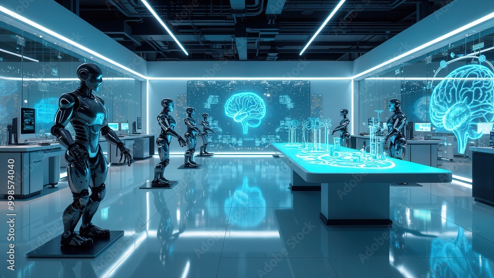 AI lab where cutting-edge technology and human neuroscience converge, featuring a human brain in ...