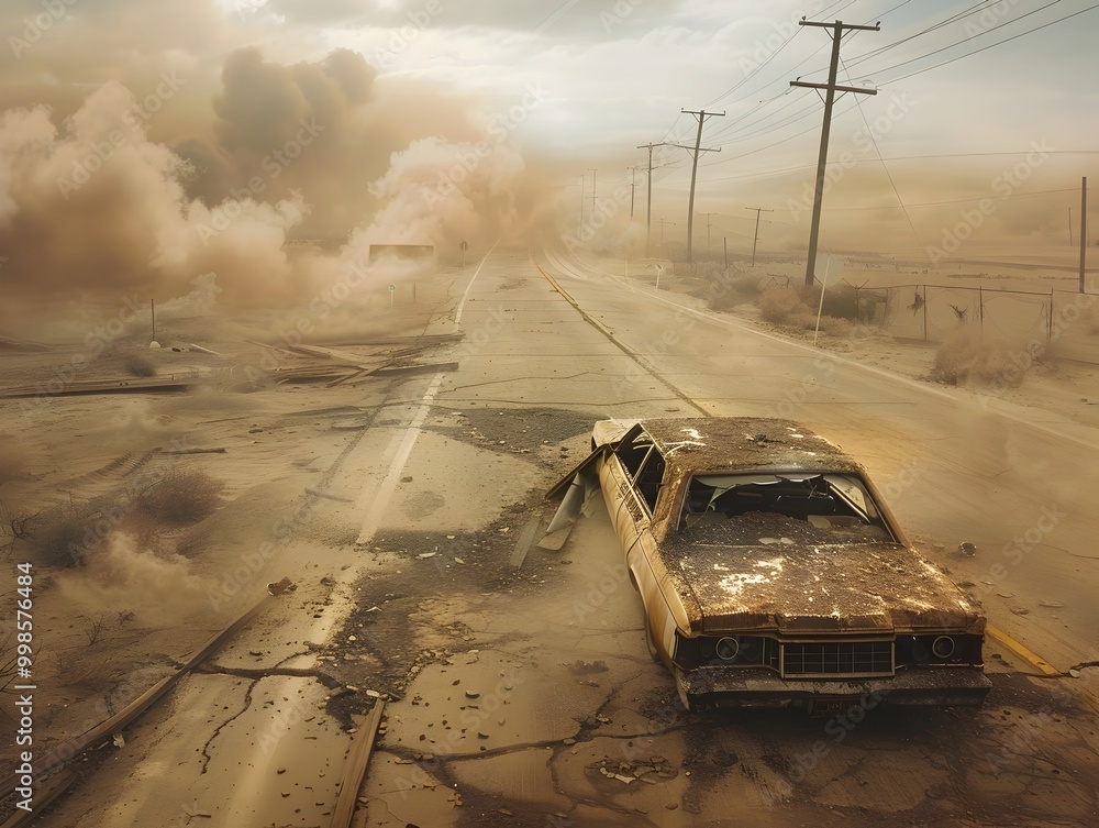 Desolate Post Apocalyptic Landscape with Abandoned Cars and Cracked ...