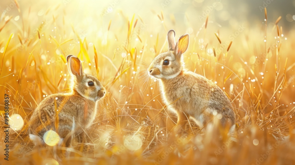 Animal-themed banner with pair of rabbits in field of golden grass ...