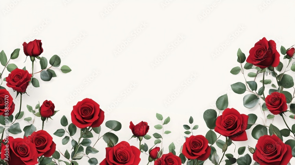 Beautiful red rose border with realistic flower petals and greenery ...