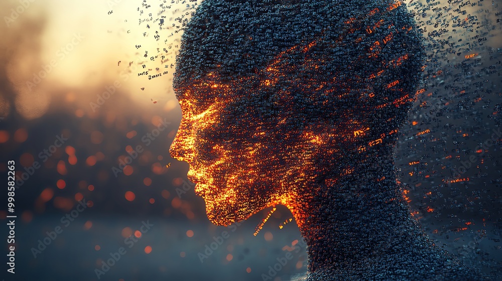 A mesmerizing representation of a human head dissolving into particles, symbolizing ...