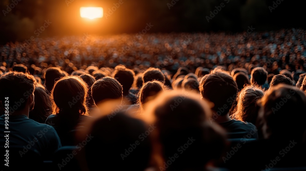 The audience is seated, watching an event outdoors with a sunset view ...