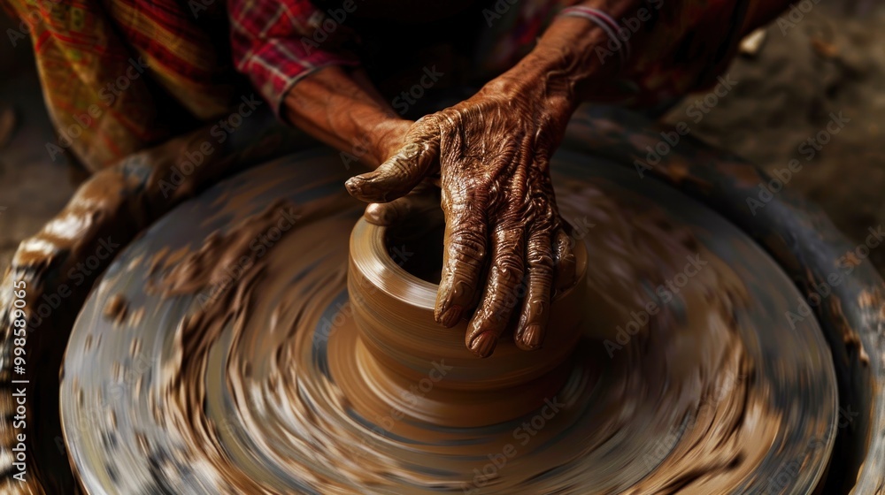 Hands shaping clay on a pottery wheel representing traditional ...