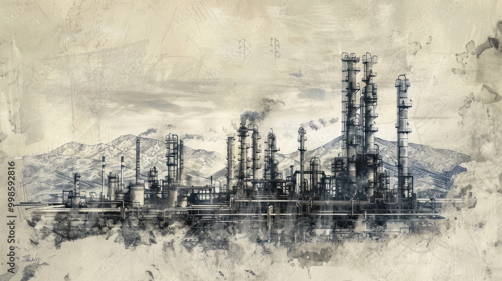 Line drawing depicting an industrial landscape featuring an oil ...