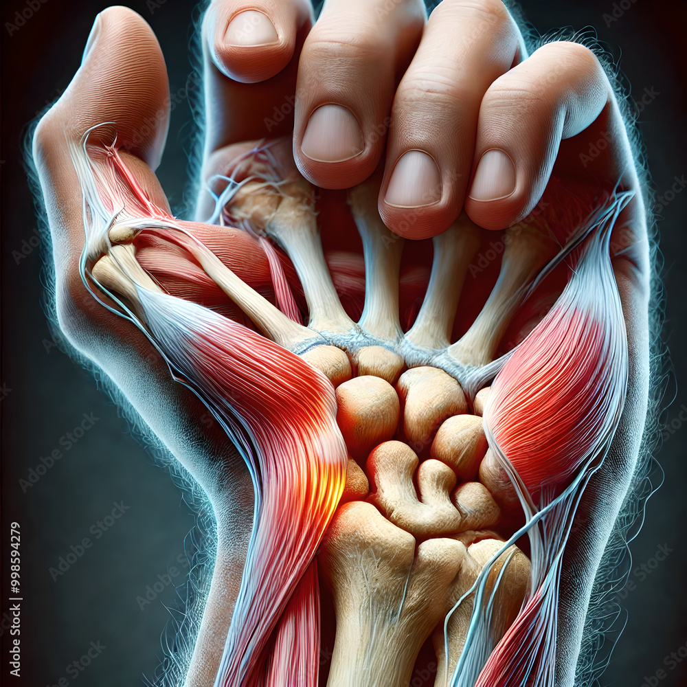 3D showing tendonitis, focusing on the inflamed tendon in the wrist or ...