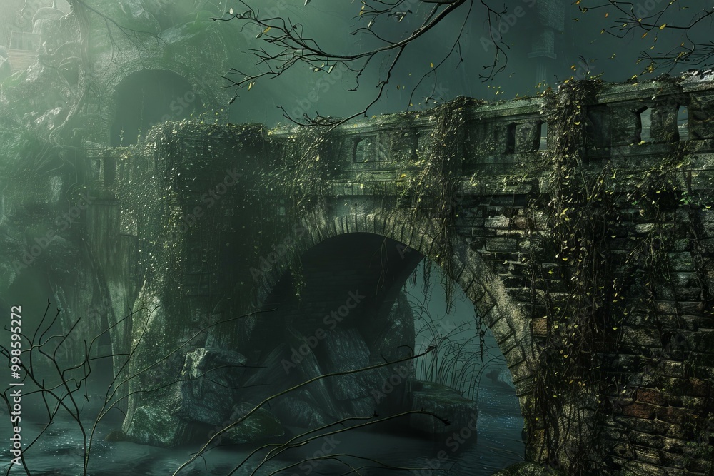 Mysterious and haunting landscape featuring an ancient stone bridge ...