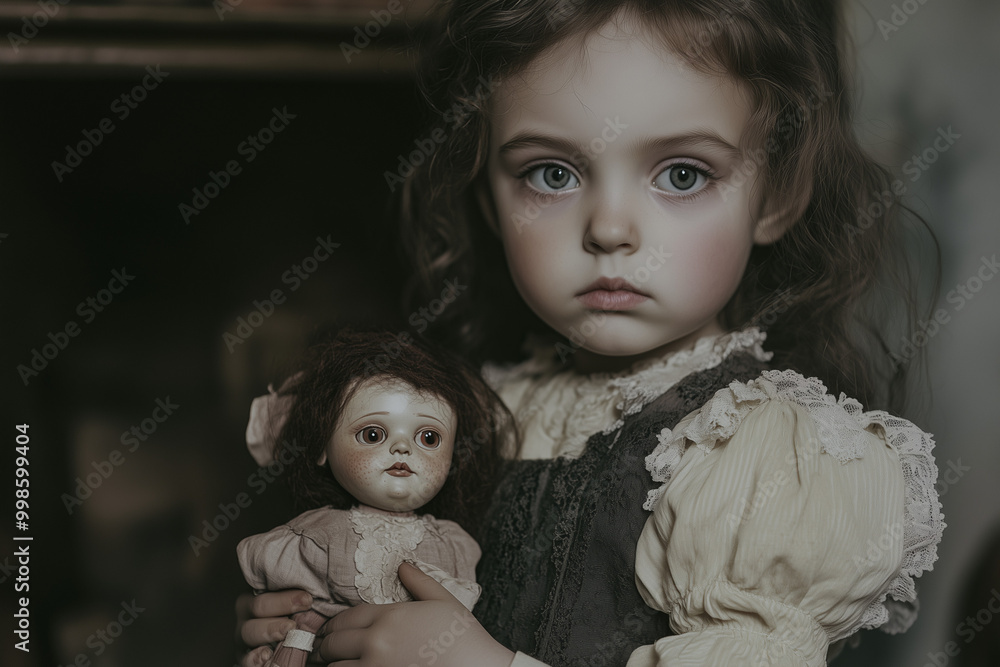 A little girl in old-fashioned clothing holding a doll with an ...