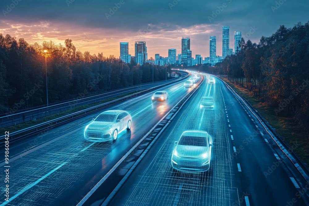 Autonomous Cars on Futuristic Highway with Digital Overlay. symbolizing ...
