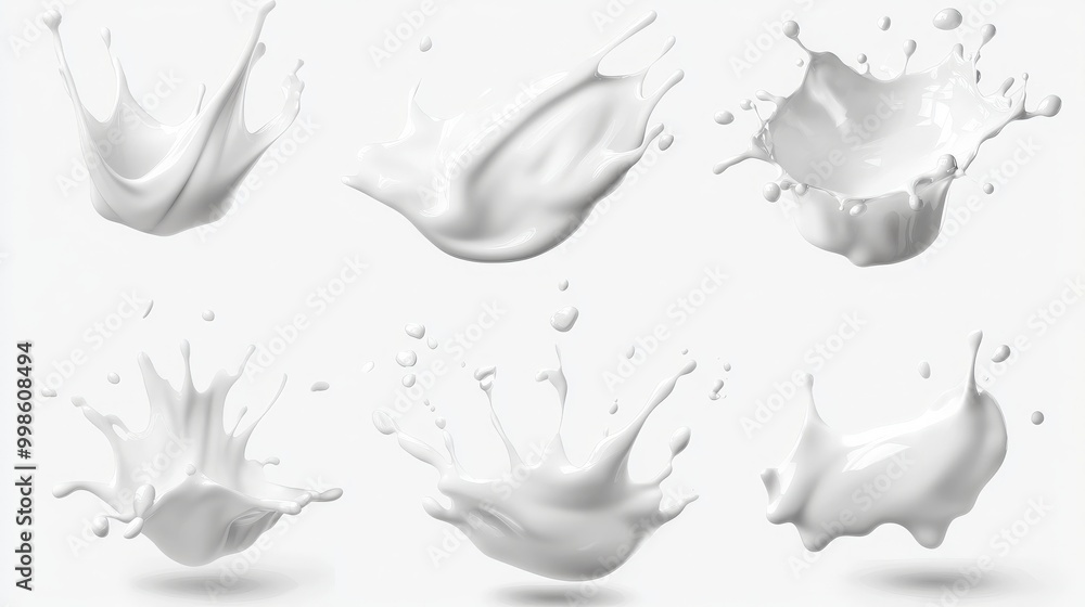 Collection of white milk splashes, each isolated on white or ...