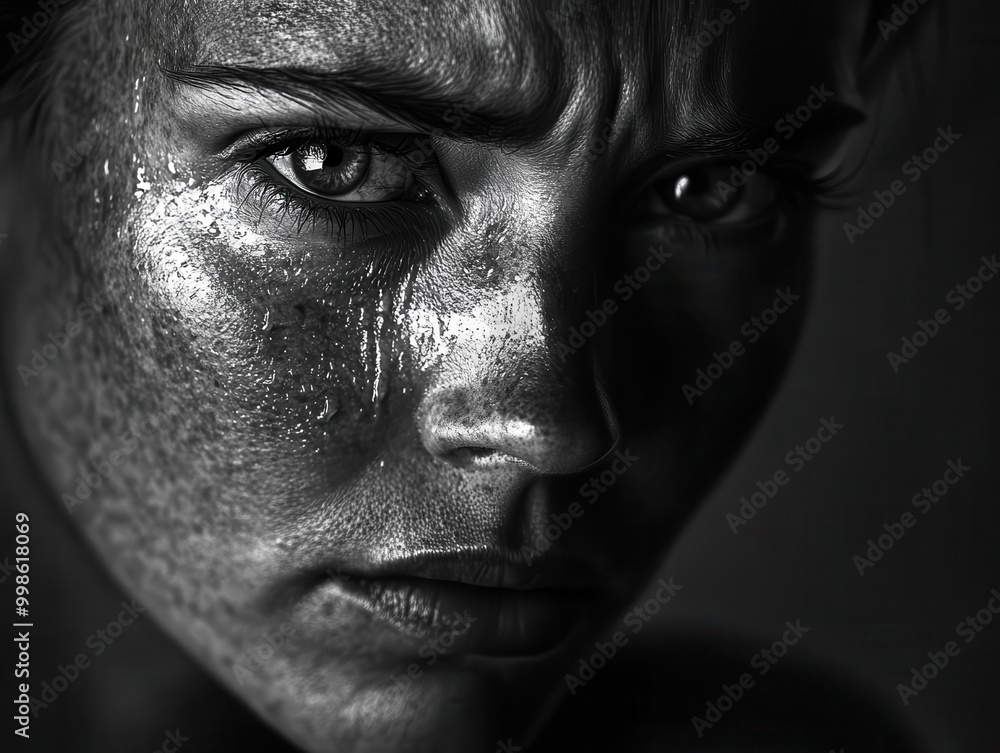 emotionally charged monochrome portrait womans face streaked with tears ...