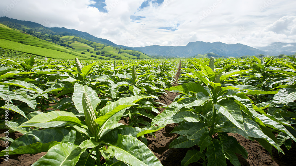 Cacao Plantation Landscape: A wide-angle view captures the undulating ...