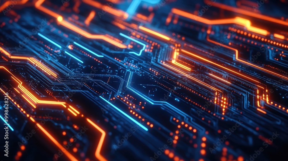 Beautiful abstract technology background featuring sleek circuit patterns, glowing lines, and ...
