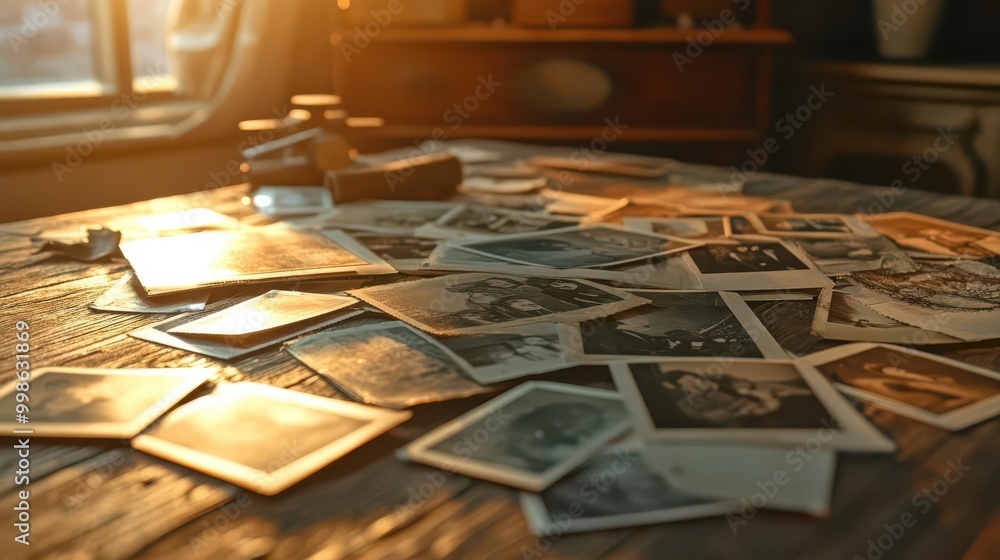nostalgic still life of cherished photographs scattered on a rustic ...