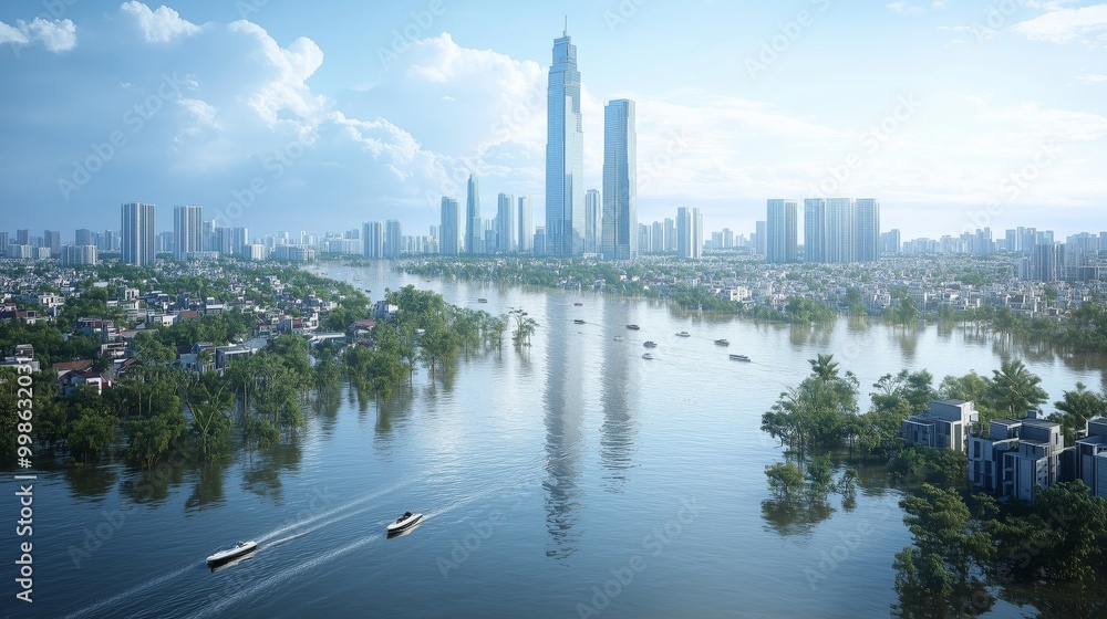 Modern Cityscape with High-Rise Buildings and Flooded Landscape ...