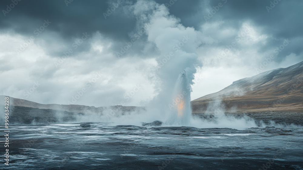 Majestic geyser shooting steam and boiling water into air, surrounded ...